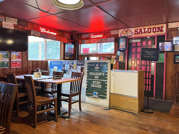 Step inside and you're transported to a classic American saloon, where red lighting casts a warm glow over conversations that flow as easily as the drinks.