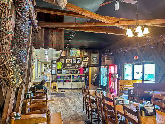 Where history meets hunger! Original wooden trusses frame a dining experience that's equal parts architectural marvel and comfort food haven.