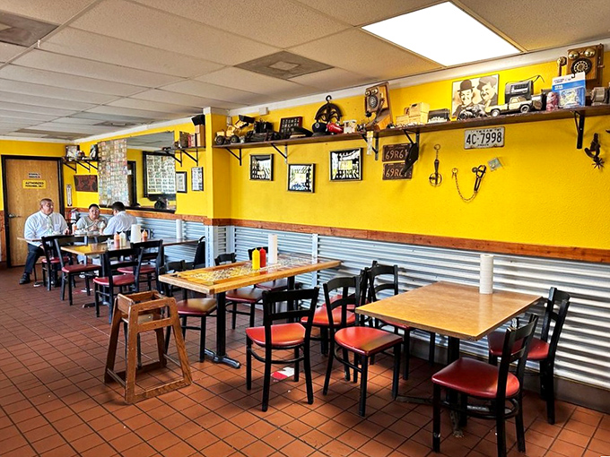 Yellow walls adorned with Mexican memorabilia create the perfect backdrop for taco perfection. This isn't interior design &ndash; it's taco authenticity with a side of charm.