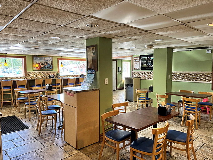 Simple tables, no-nonsense chairs, and the promise of authentic flavors &ndash; this dining room doesn't need fancy trappings when the food does all the talking.