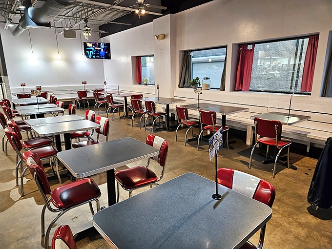 Classic red vinyl meets sleek chrome in this retro-modern space. Like a 1950s diner that got a graduate degree in Southern hospitality.