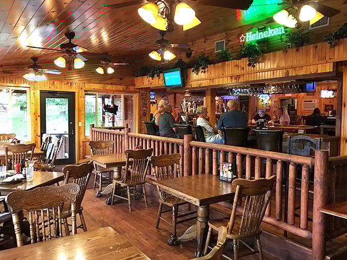 Step inside and you're transported to a mountain lodge paradise&mdash;all wood everything, with amber lighting that makes everyone look like they're starring in their own food commercial.