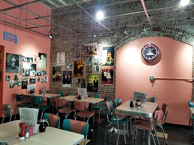 Retro meets rustic inside Pamela's, where pink walls, exposed brick, and vintage photos create the perfect backdrop for breakfast epiphanies.