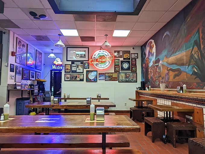 Simple wooden tables and benches say, "We're about the food, not the frills." The wall of accolades speaks volumes about what matters here.