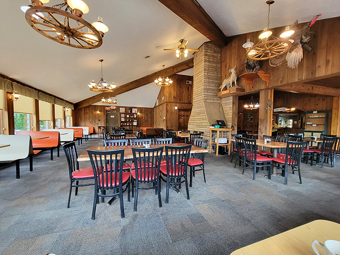 Wagon wheel chandeliers and wood-paneled walls create that perfect hunting lodge ambiance where comfort food memories are made.