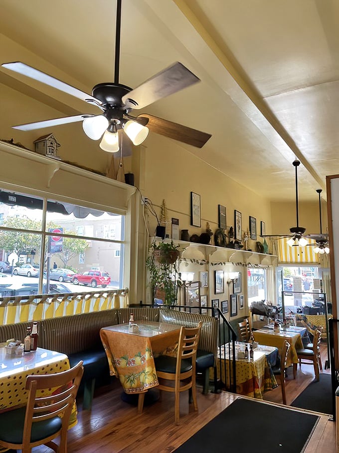 Sunshine streams through windows onto cheerful yellow tablecloths. This isn't trendy minimalism&mdash;it's the comforting embrace of a place that knows exactly what it is.