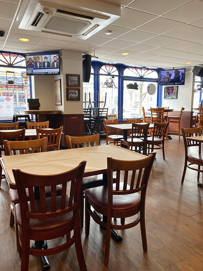 Wooden chairs await hungry historians and famished families alike in this comfortable dining room where Civil War themes meet modern comfort.