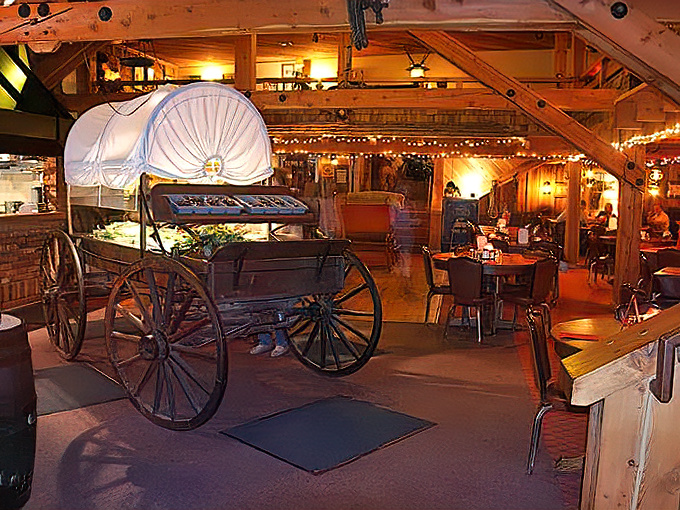 Step inside and travel back in time. The authentic covered wagon isn't just decoration&mdash;it's the centerpiece of a dining room that whispers tales of Oregon's frontier past.