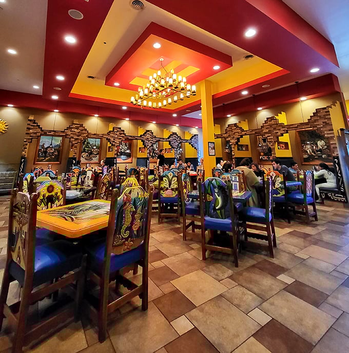 Step inside and the vibrant red and yellow ceiling treatment announces you're not in Delaware anymore&mdash;you've been transported to a colorful Mexican celebration.