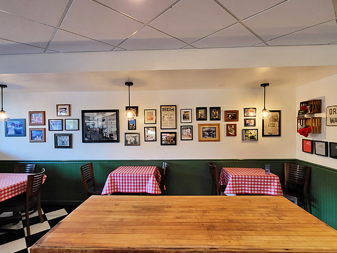 Classic red-checkered tablecloths and walls filled with neighborhood memories create that "I've come home" feeling every great pizzeria should have.
