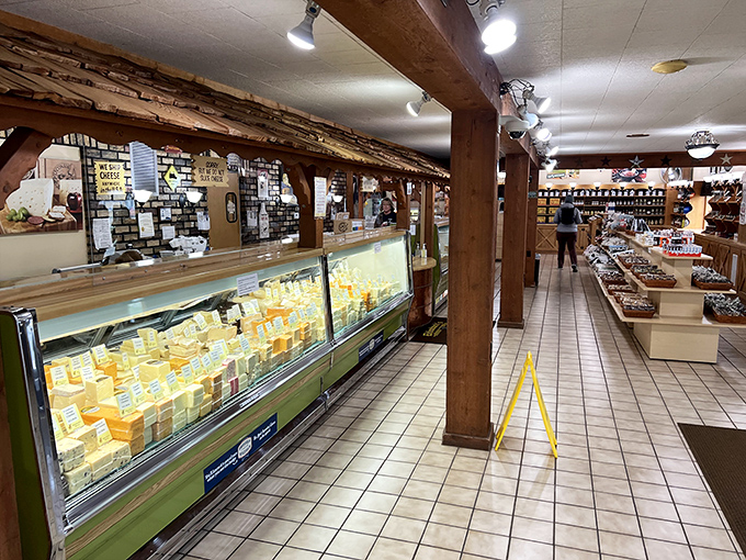 Wooden beams frame a cheese lover's dream sequence: gleaming display cases filled with Wisconsin's finest, each wedge telling its own delicious story.
