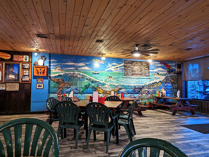 Wooden ceilings, vibrant murals, and plastic chairs &ndash; the universal code for "you're about to eat something amazing" at coastal joints worldwide.