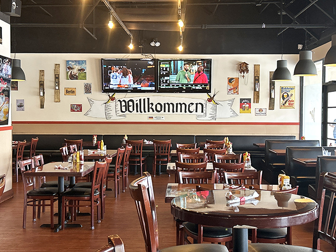 Step inside and the "Willkommen" banner isn't just decoration &ndash; it's a promise of the authentic German experience awaiting at every wooden table.