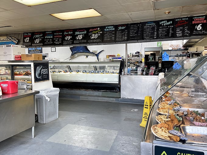 Classic seafood market vibes with that no-nonsense menu board overhead. The mounted marlin silently vouches for the authenticity below.