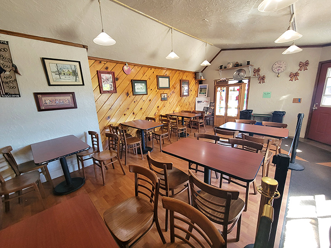 Simple wooden tables and pine-paneled walls create the perfect backdrop for pie-based epiphanies. Minimalist decor, maximalist flavor.