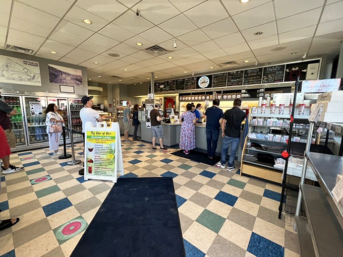 Morning pilgrims line up at the altar of fried dough. The classic checkered floor has witnessed countless sugar-fueled epiphanies and caffeine revelations.