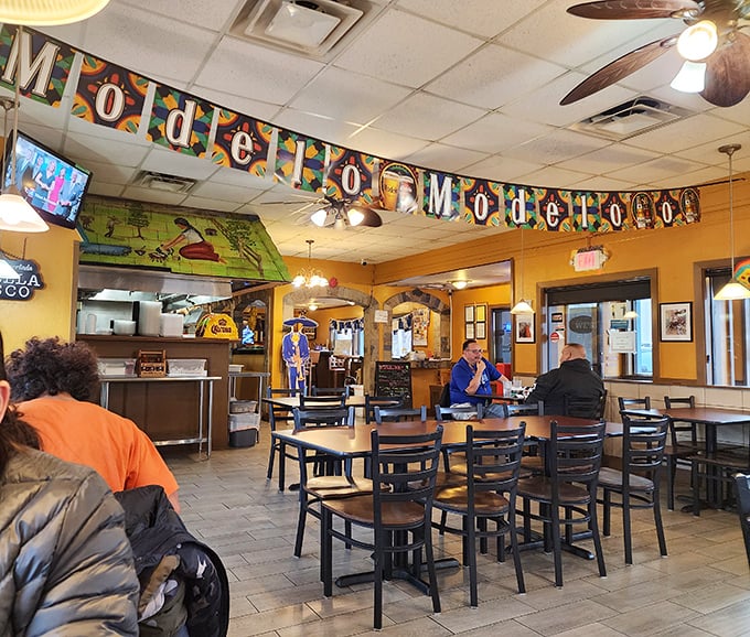 Yellow walls and "Modelo Moderno" banners transport you straight to Mexico. No passport required, just an appetite for the real deal.