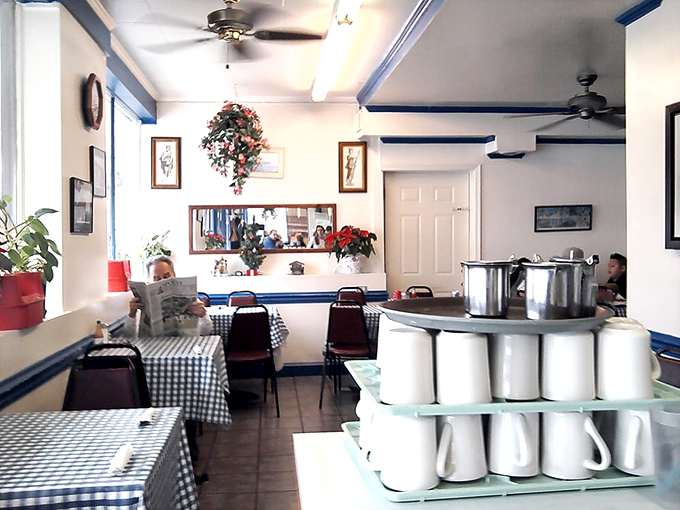 Checkered tablecloths and stacked coffee mugs create the perfect symphony of diner comfort and efficiency.