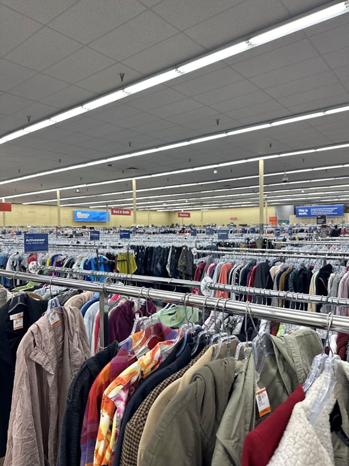 Endless racks stretch like a fashion lover's fever dream, each hanger holding potential wardrobe magic.