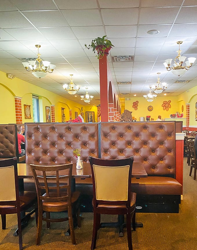 Cozy leather booths and sunny yellow walls create the perfect backdrop for your Mexican feast. The chandeliers add a touch of elegance that says, "Yes, this burrito deserves mood lighting."