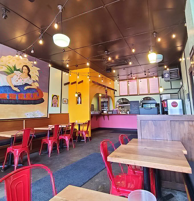 Where fiesta meets function. La Bonita's interior balances colorful charm with no-nonsense dining&mdash;those red metal chairs say "stay awhile, but not forever."