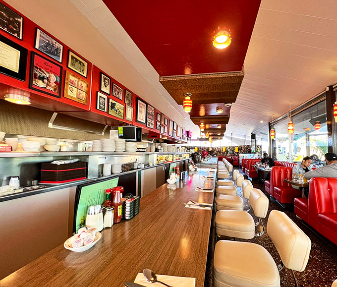 Red vinyl booths and counter seating create the perfect backdrop for breakfast dreams. This isn't retro-inspired&mdash;it's the genuine article that never went out of style.