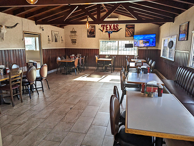 Wooden wainscoting and exposed beams create that perfect "focus-on-the-food" atmosphere where calories don't count and conversation flows as freely as the sweet tea.
