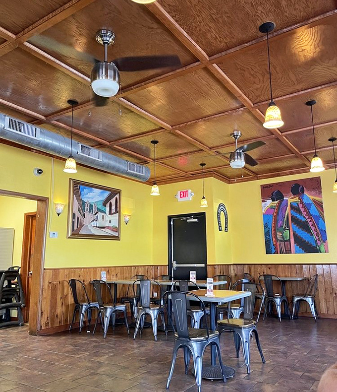 Warm wooden ceilings and cheerful yellow walls create the perfect backdrop for the flavor fiesta that's about to happen at your table.
