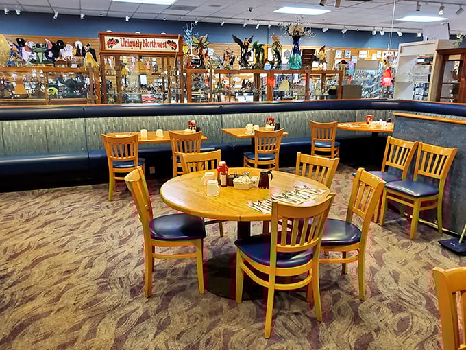 Inside, wooden tables and Northwest memorabilia create that perfect "vacation breakfast" atmosphere &ndash; part museum, part dining room, all comfort.