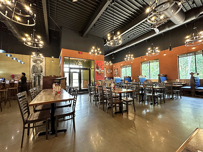 High ceilings, circular chandeliers, and that perfect blend of rustic and modern – this isn't your average strip mall Mexican joint, folks.