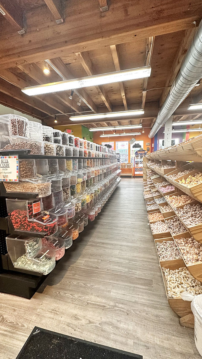 Behold, the candy lover's paradise! Rows of clear containers create aisles of temptation under rustic wooden beams. Willpower doesn't stand a chance here.