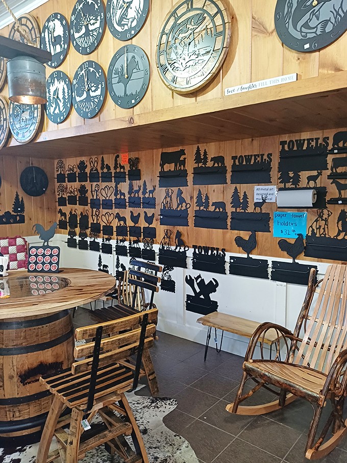 Rustic charm meets functional art in this cozy corner, where handcrafted clocks and silhouette art pieces showcase the region's appreciation for both beauty and utility.