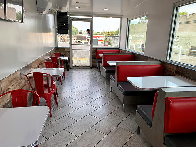 Classic red vinyl booths and simple tables create the perfect backdrop for food that doesn't need fancy surroundings to shine.