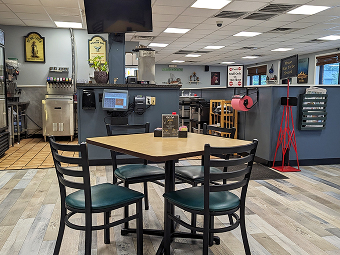 Inside, the blue-gray walls and simple seating say "we're serious about food, not fancy decor" &ndash; and that's exactly what breakfast dreams are made of.