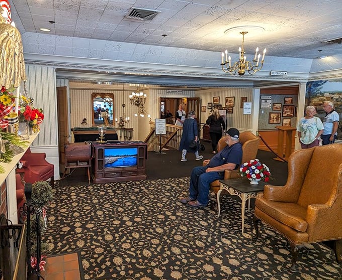 The waiting area at Zehnder's feels like your fancy grandmother's living room—if grandma served the best fried chicken in the Midwest.