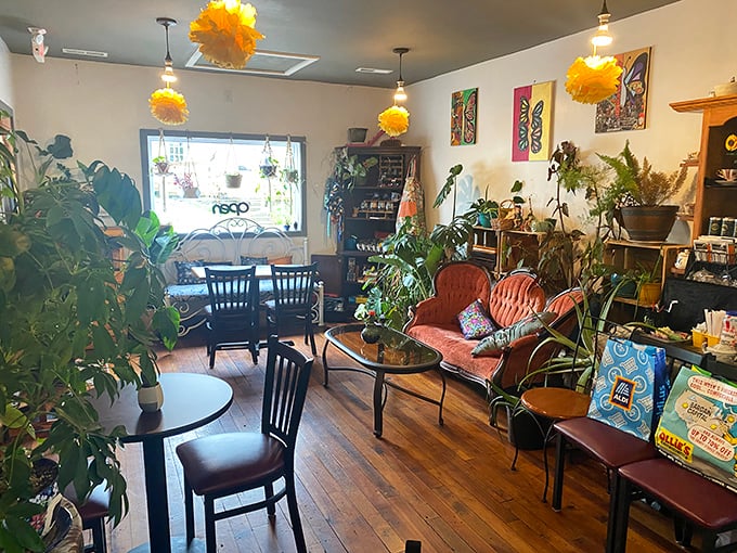 Plant paradise meets dessert heaven in this cozy interior. Those yellow pom-poms hanging from the ceiling are like little beacons of joy signaling the way to cheesecake nirvana.