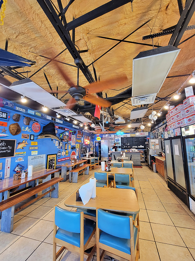 Exposed beams and brick walls create the perfect backdrop for serious sandwich contemplation.