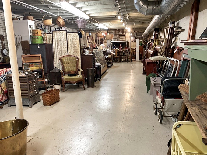 Vintage furniture lines the walkways like sentinels of bygone eras, each piece silently whispering stories of dinner parties past.