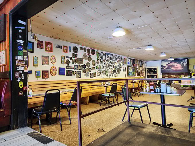 Inside, wooden benches and walls adorned with local art create the perfect backdrop for morning conversations. This isn't designer decor&mdash;it's authentic character that money can't buy.