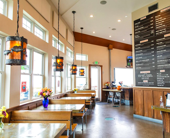 High ceilings, natural light, and nautical pendant lamps create the perfect backdrop for seafood indulgence&mdash;like dining in a stylish lighthouse keeper's dream home.
