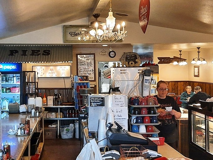 Inside Crystal Cafe, time slows down under vintage chandeliers while the aroma of fresh-baked pies and sizzling breakfast creates the soundtrack of contentment.