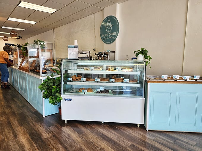 Simple elegance defines the interior, where turquoise accents, wooden floors, and strategically placed plants create that "just right" cafe ambiance.