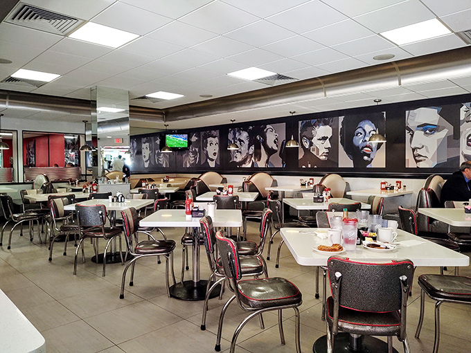 Inside, celebrity portraits watch over diners like old friends while chrome accents gleam under the lights&mdash;a perfect stage for breakfast drama to unfold.