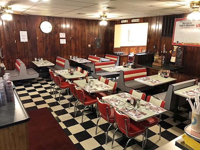 Classic red and white booths, checkerboard floors, and wood-paneled walls—this isn't retro design, it's simply never changed. Time travel never tasted so good.