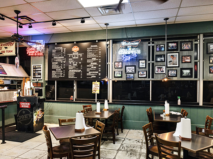 Where sports memorabilia meets serious barbecue business. The corrugated metal walls and Royals signage create the perfect unpretentious backdrop for meat masterpieces.