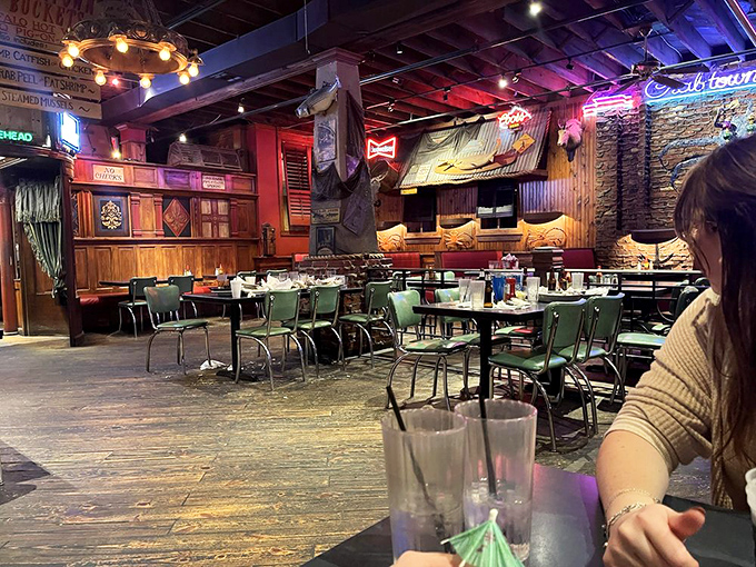 Step inside and you're transported from prairie to port. The nautical decor, wooden tables, and fishing nets create the perfect seafood shack atmosphere.