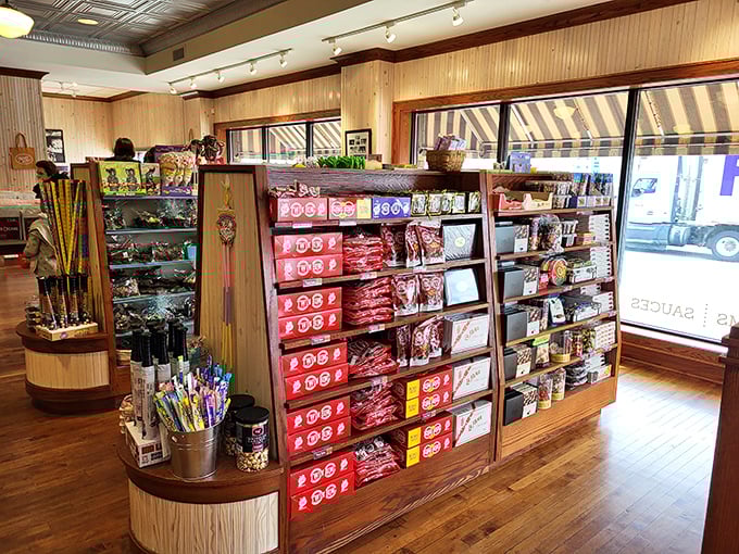 Wooden shelves laden with boxed treasures&mdash;where childhood memories and adult cravings collide in delicious harmony.