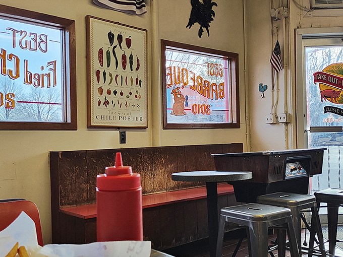 Inside, the no-frills dining area features vintage chile posters and simple seating &ndash; proof that extraordinary food needs no fancy backdrop.