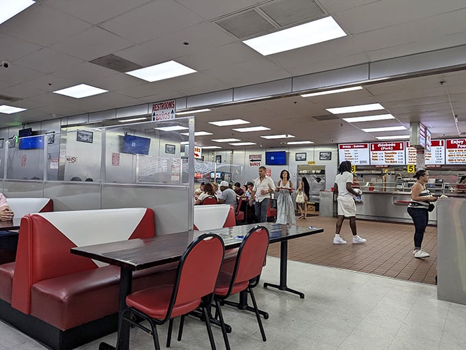 Inside, the no-frills interior tells you everything you need to know&mdash;they're focused on the food, not fancy furniture.