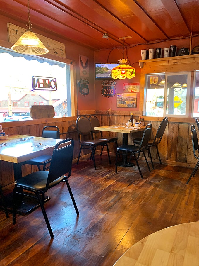 Wooden paneling, vintage road signs, and stained glass lamps create that perfect "I've discovered something special" atmosphere inside Old Tymers. 